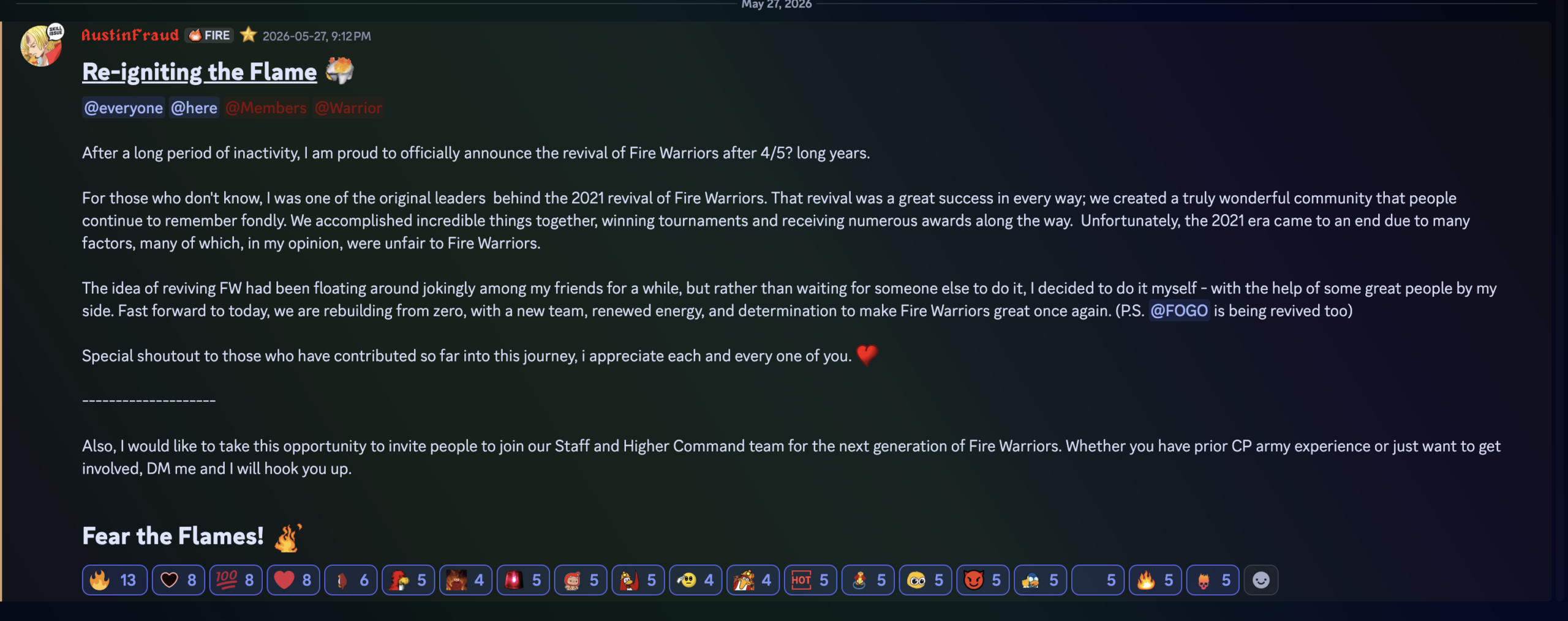 The Flame Returns: Fire Warriors Announce Revival After 5 Years - Club ...